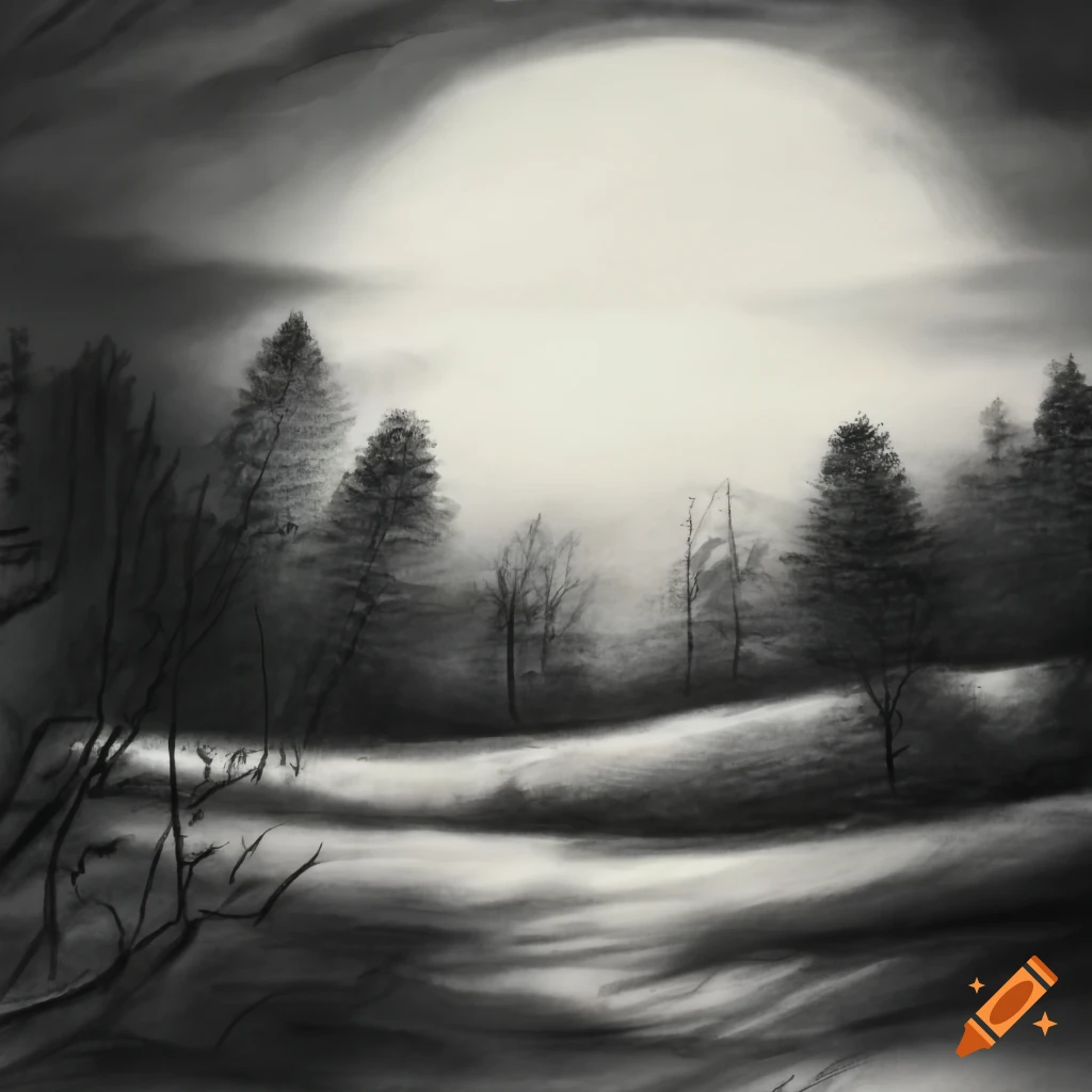 Landscape with hills, forest, and sun in charcoal drawing on Craiyon