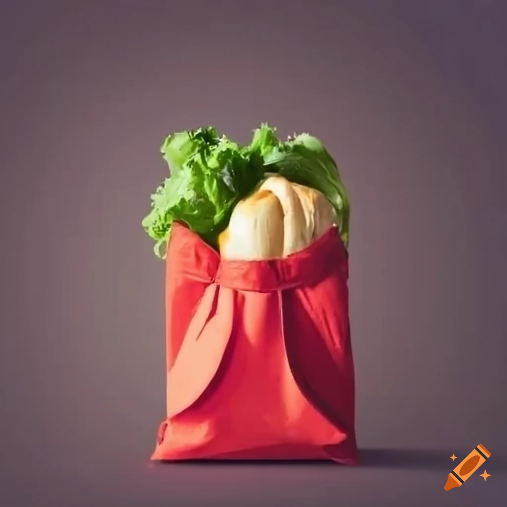 Red grocery bag with vegetables and garlic bread on Craiyon