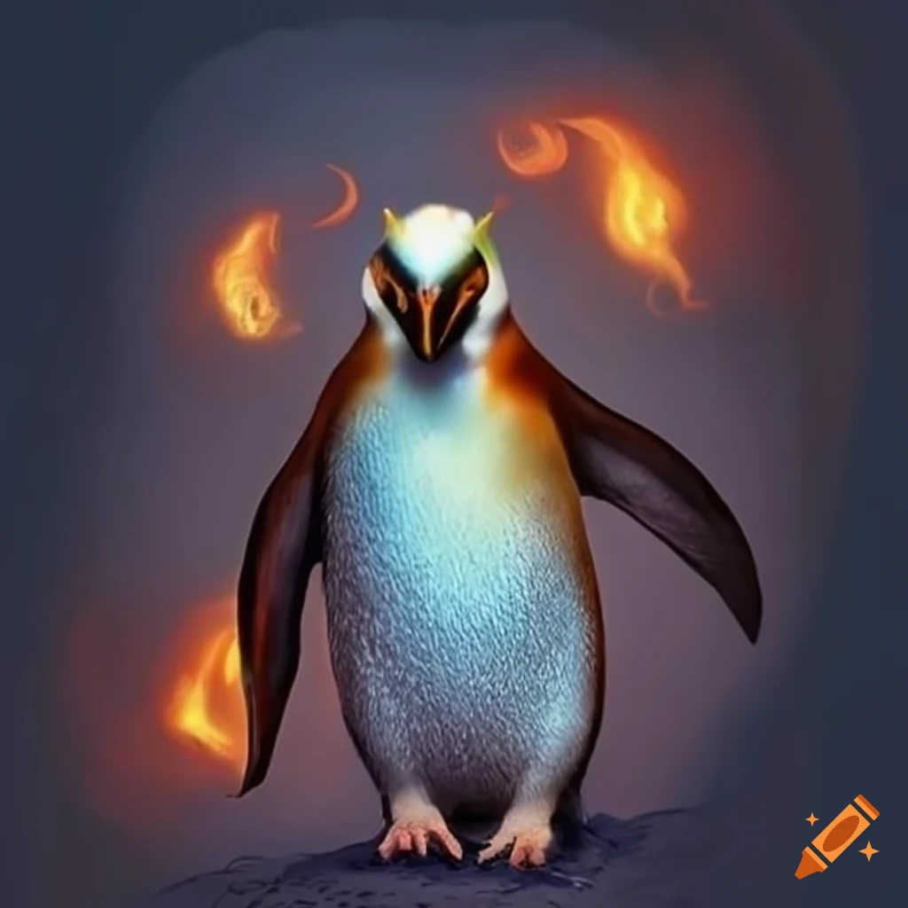 Mythical creature resembling a penguin with horns and fiery eyes on Craiyon