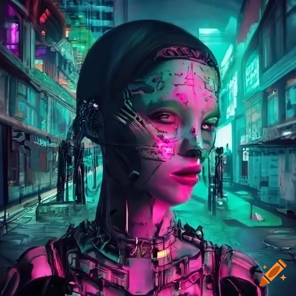 Female cyborg goddess blending human features with cybernetic in a ...