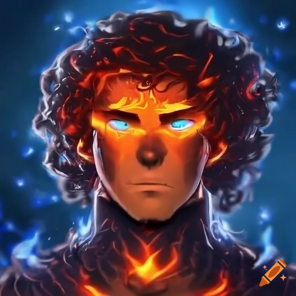 God of fire with glowing blue eyes controlling fire and lava on Craiyon