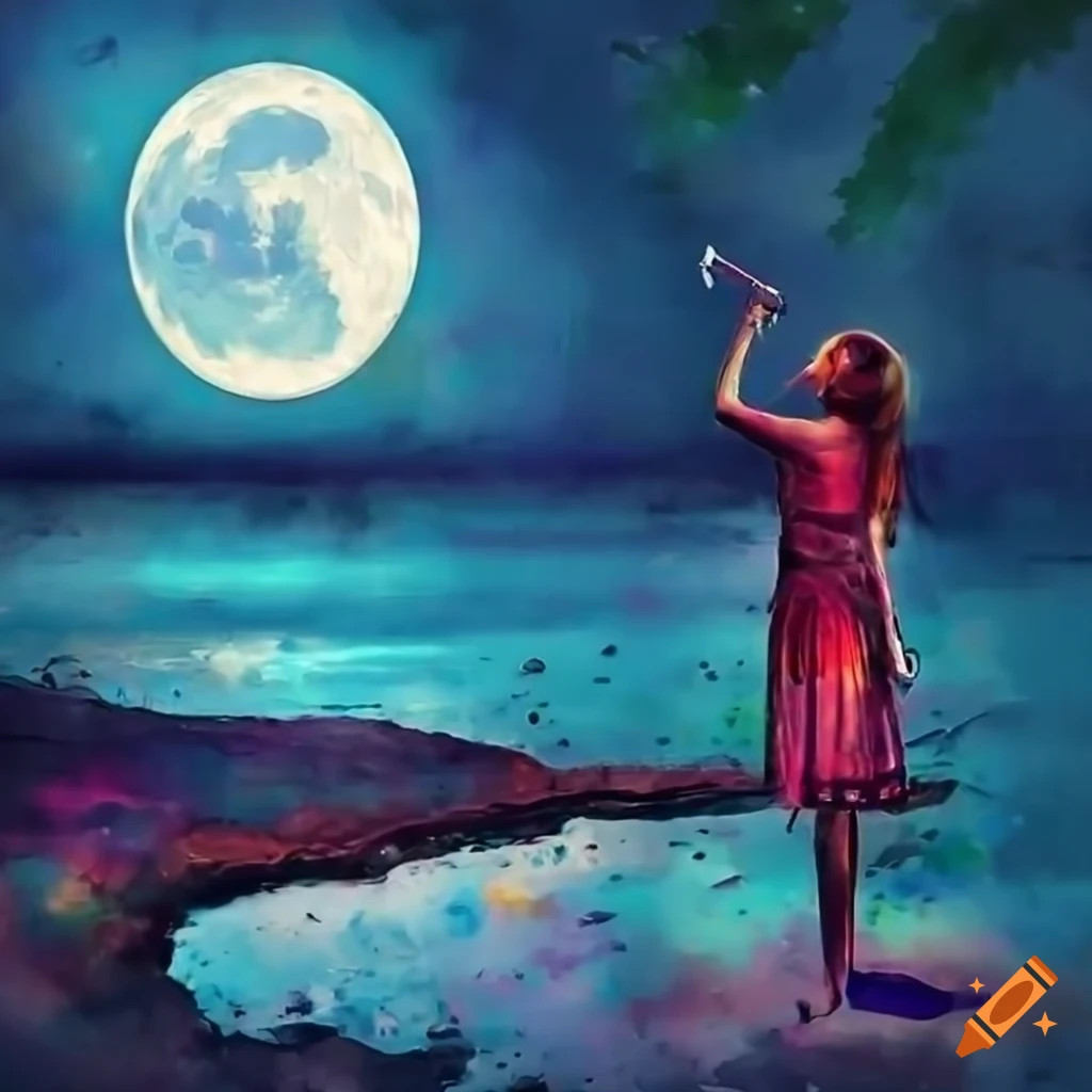 Woman singing by the shoreline under the gleaming full moon in a ...