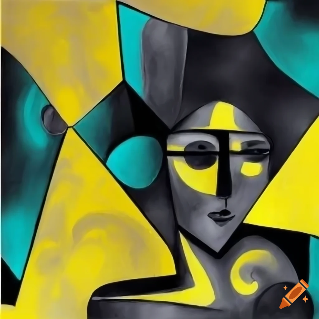 Surrealistic cubist black and white scribbles with fuchsia, yellow, and ...