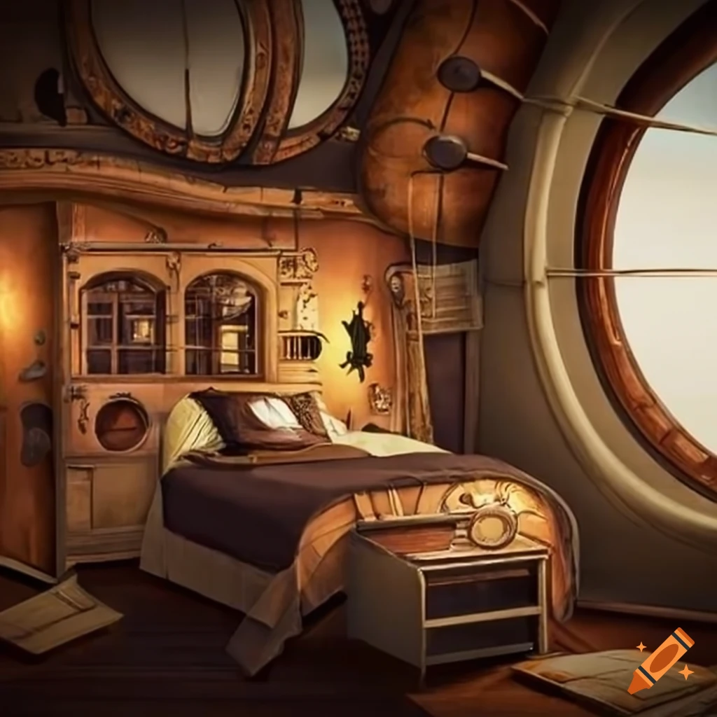 Small bedroom with circular window inside steampunk airship on Craiyon