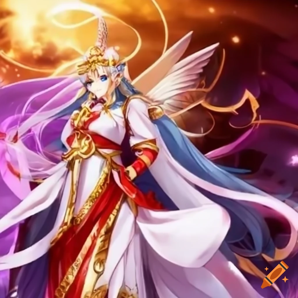 Anime character with blonde hair in a heavenly dress among lava clouds ...