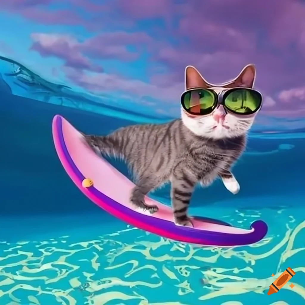 Cat surfing with sunglasses on Craiyon
