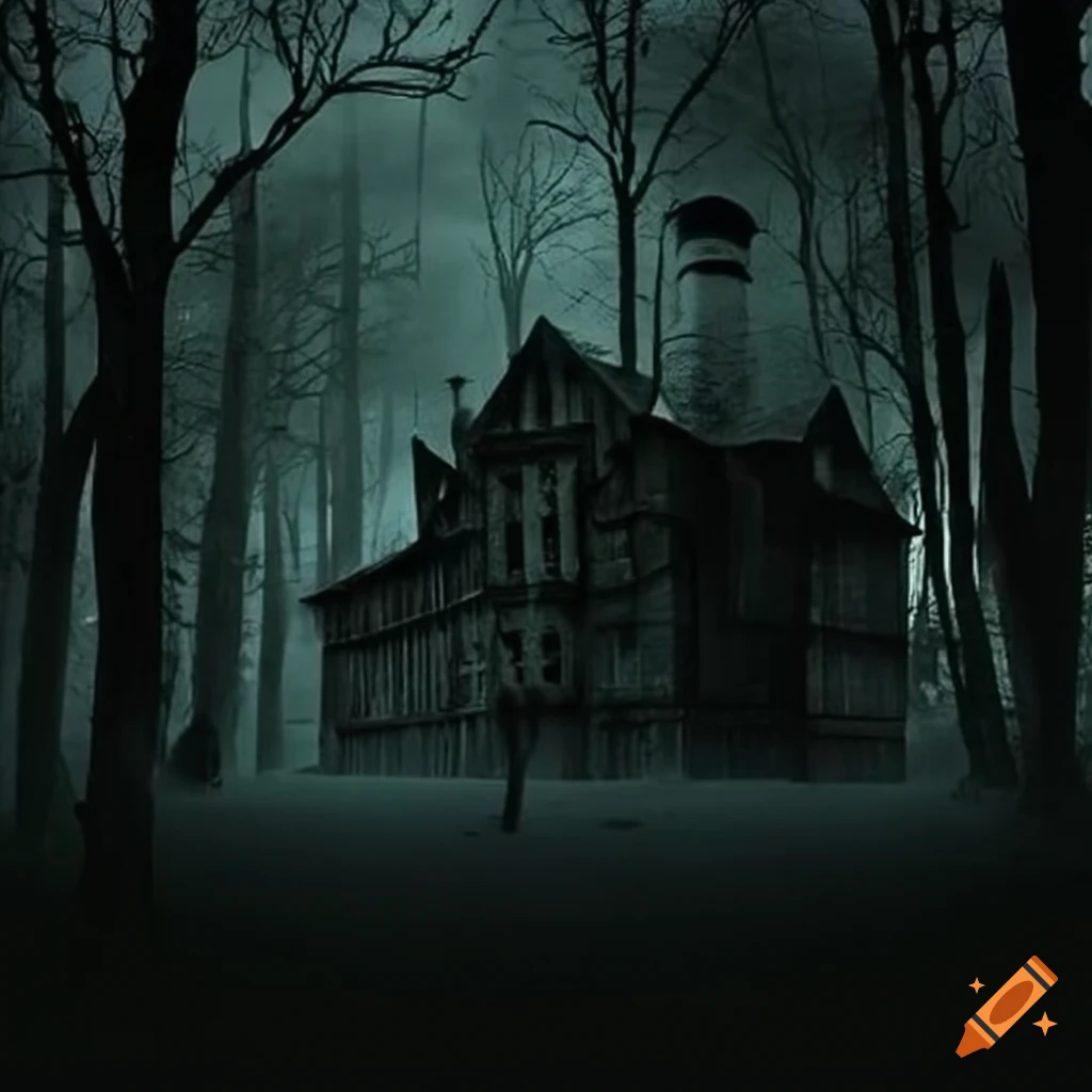 Haunted ghost school in the forest appearing only at night on Craiyon