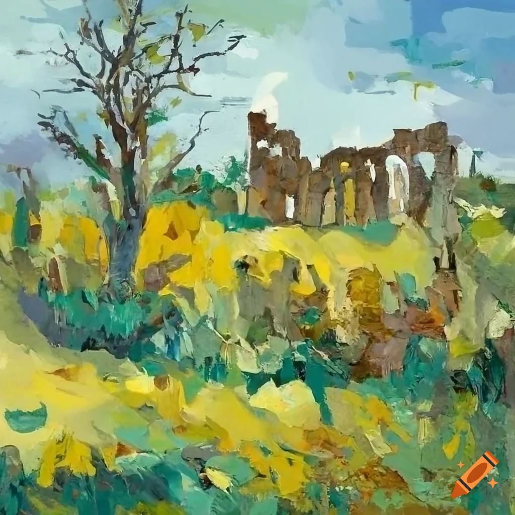 Overgrown roman ruins in a natural, desaturated color palette on Craiyon