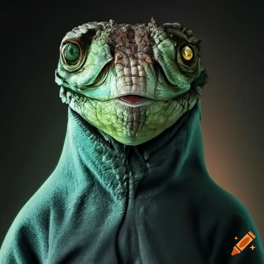 Portrait of a reptile-like extraterrestrial creature in clothes on Craiyon