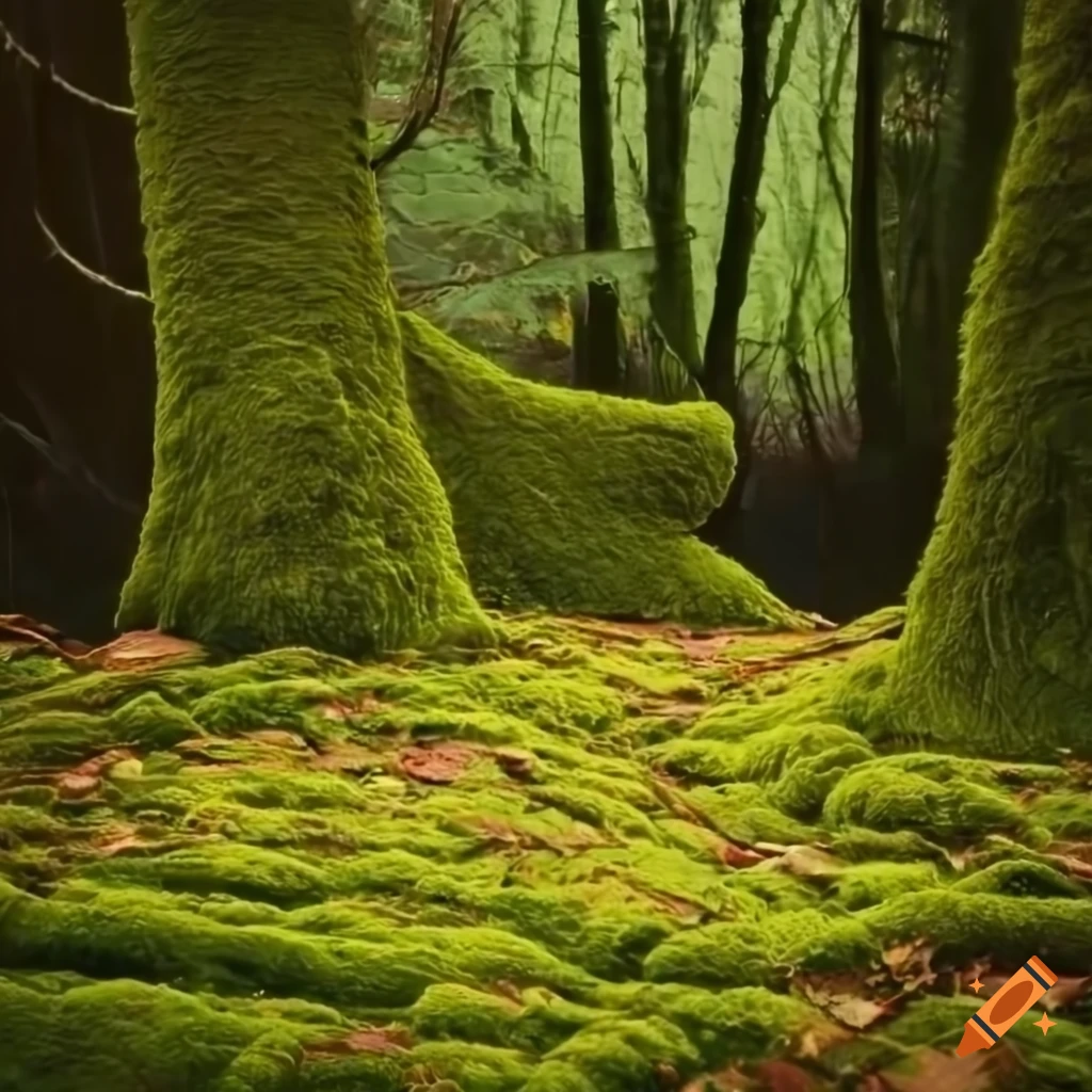 Mossy forest floor with japanese maple leaves on Craiyon
