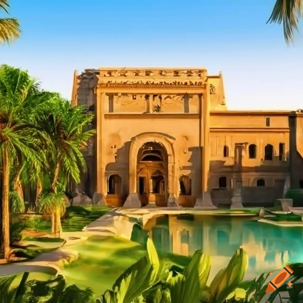 Egyptian and Greco-Roman palace in a vivid desert oasis on Craiyon