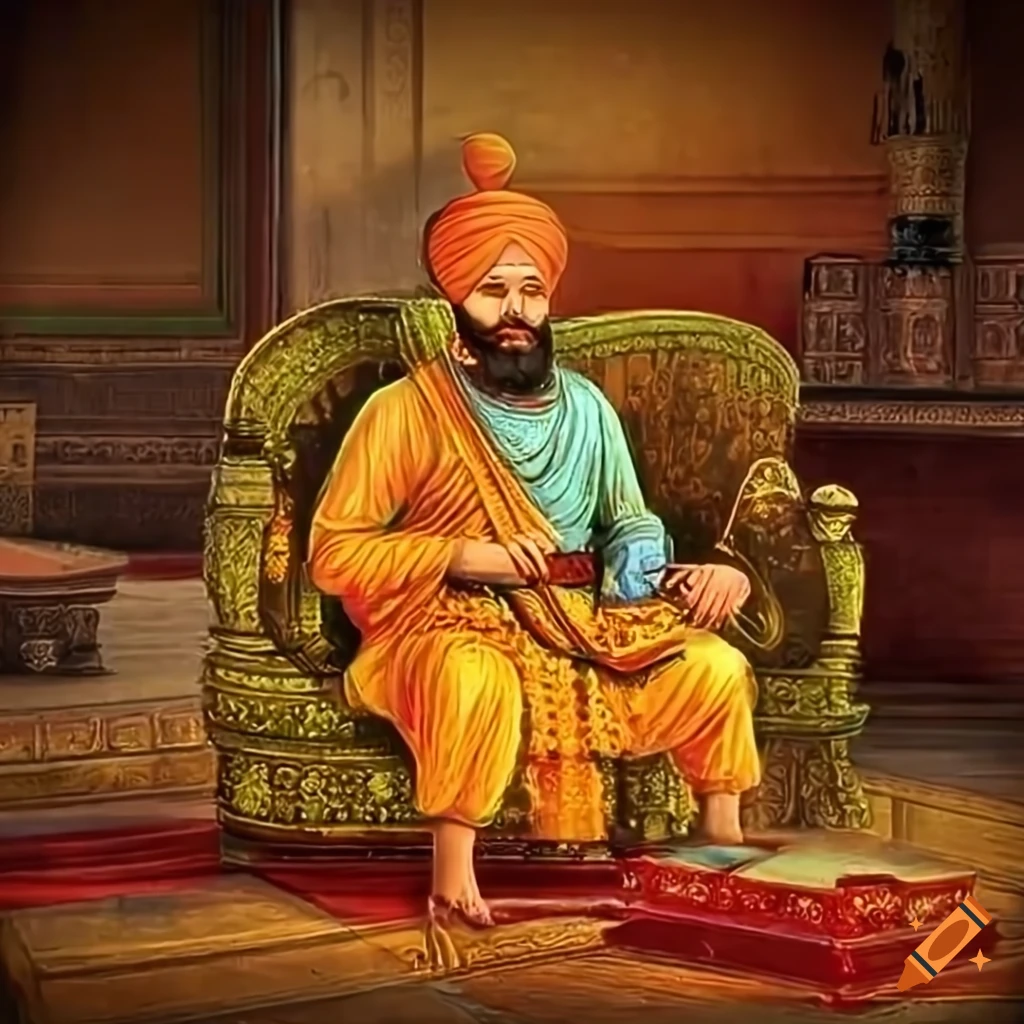 Ancient scene of a Sikh king with servants in a palace in colorful HDR ...