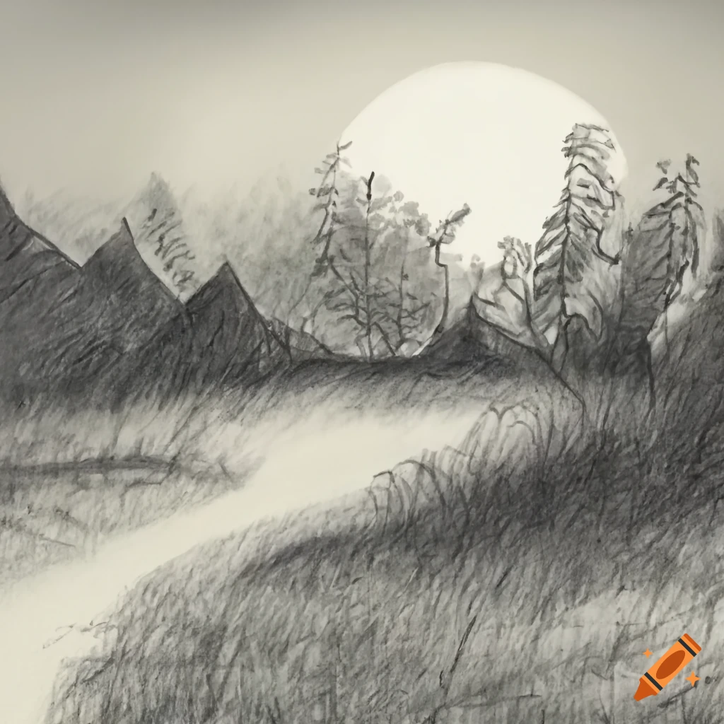 Landscape with hills, forest, and sun in charcoal drawing on Craiyon