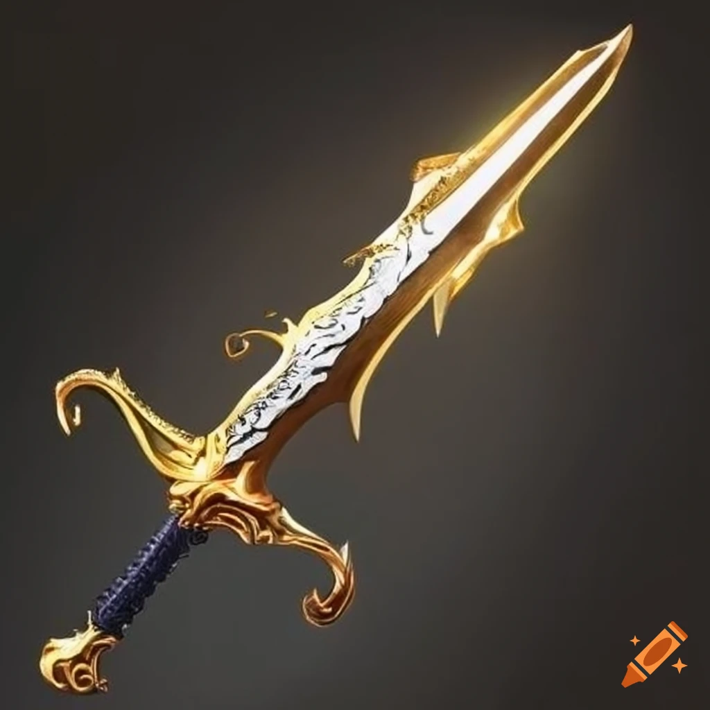Powerful steel sword emitting golden magical radiance on Craiyon