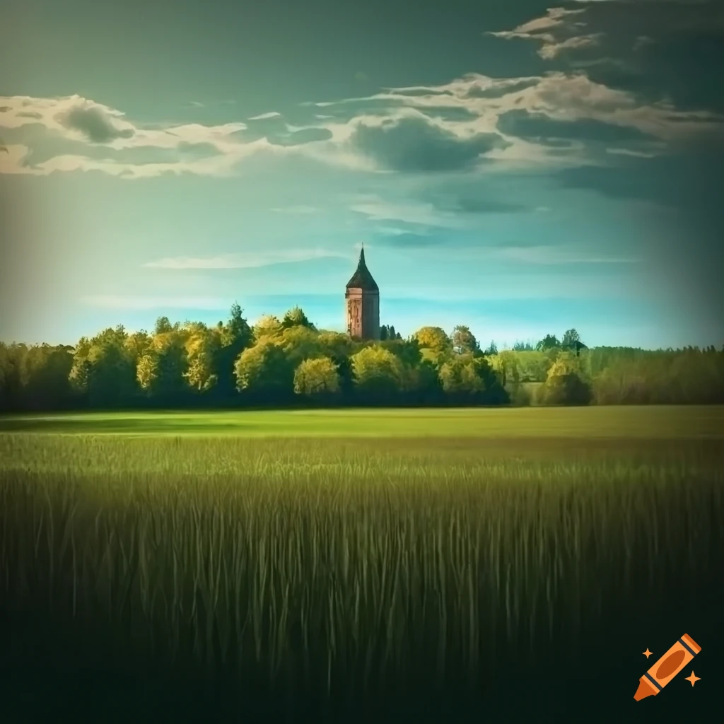 Medieval landscape with fields, forest, and a river under a wide open ...