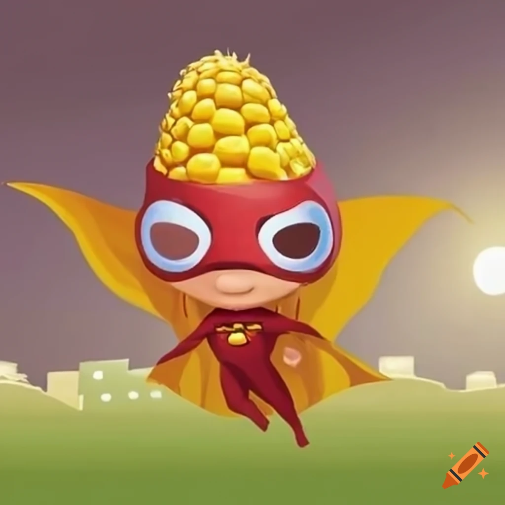 Superhero corn flying under the city with a cape on Craiyon