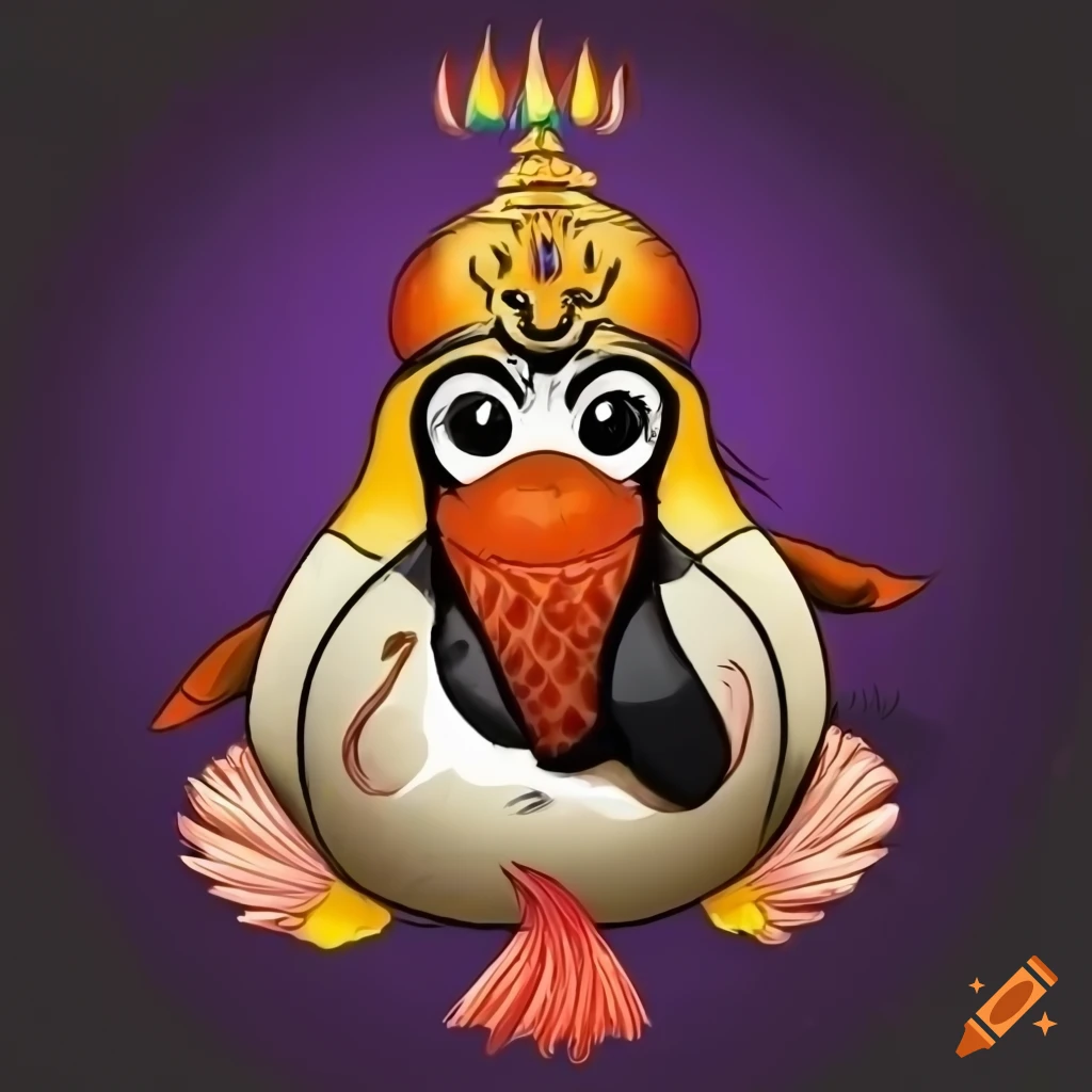 Hindu god ubuntu holding a small linux penguin and a wire on Craiyon