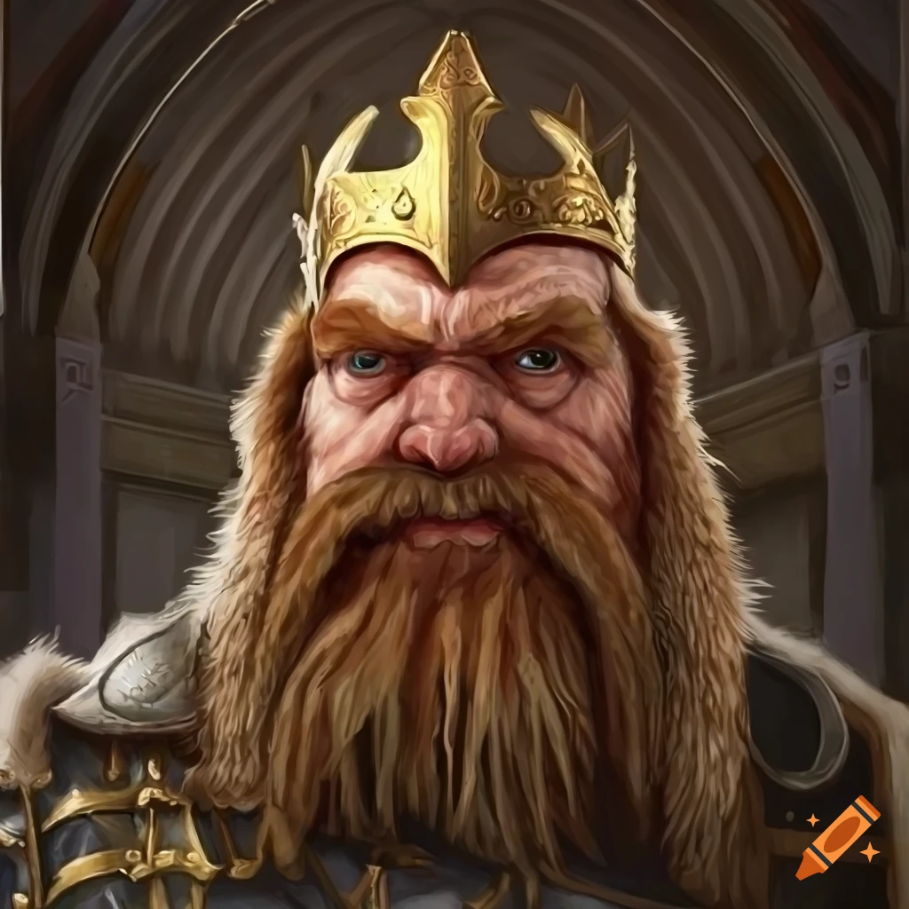 Realistic portrait of a dwarf king in armor on a stone throne in a ...