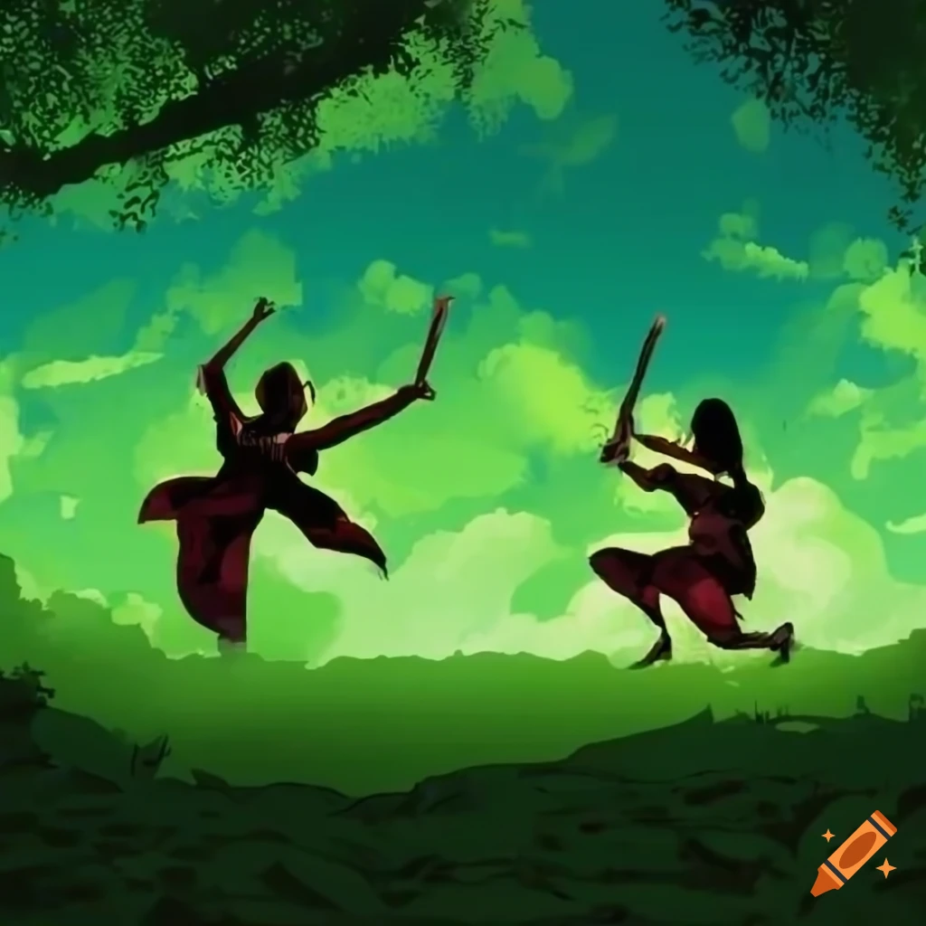 Two ninjas running through a green landscape in comic style on Craiyon