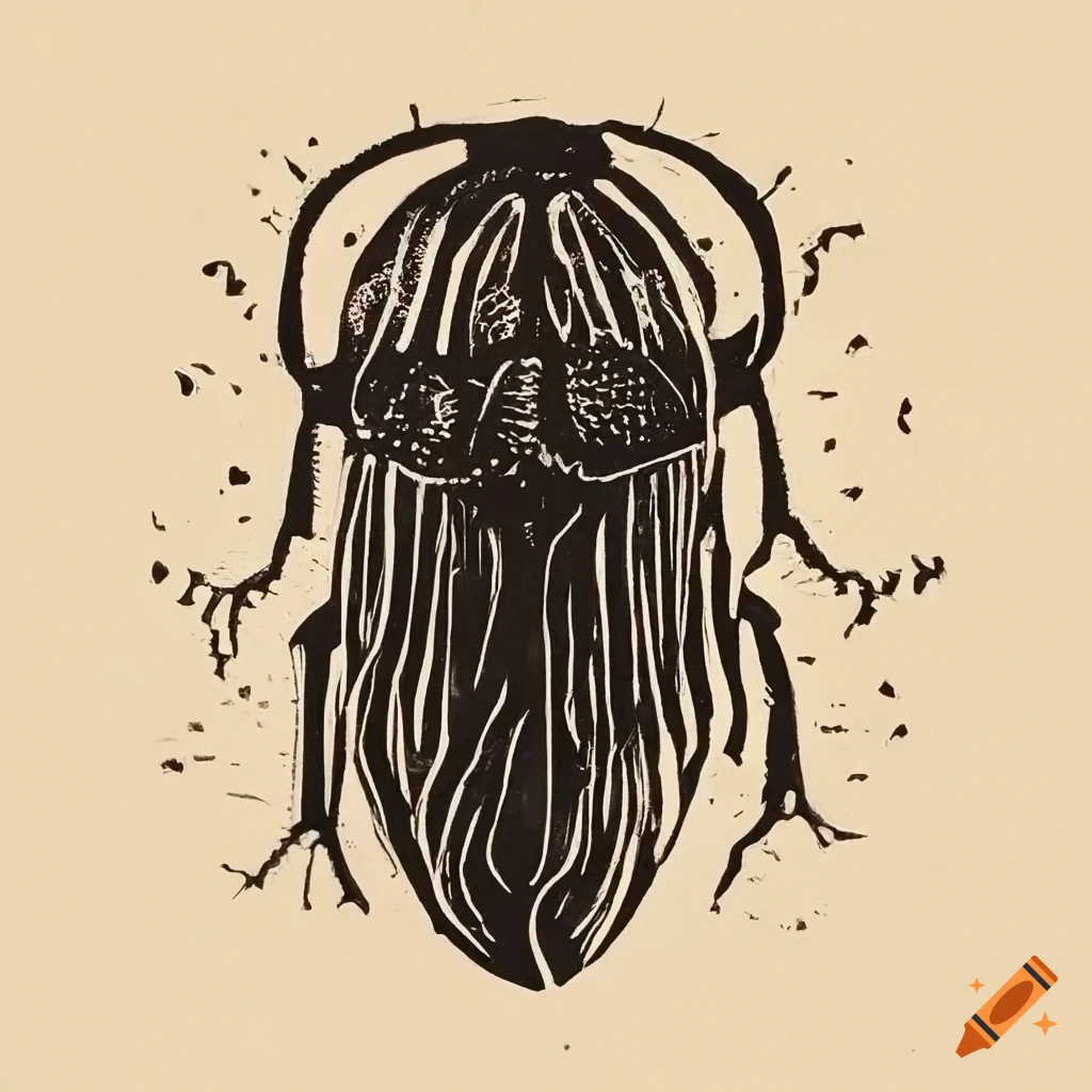 Underside view of an insect beetle in a linocut style on Craiyon