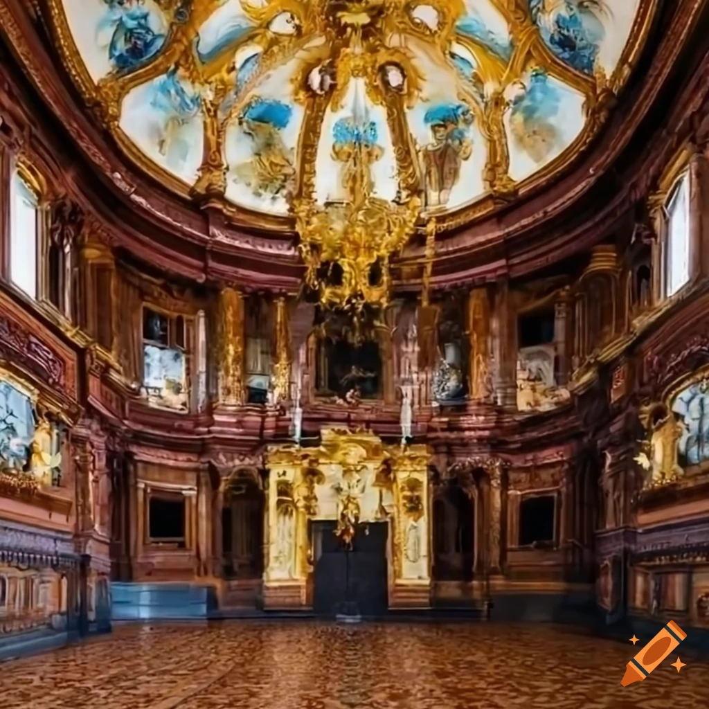 Baroque hall hosting a party in an aerial view painting on Craiyon