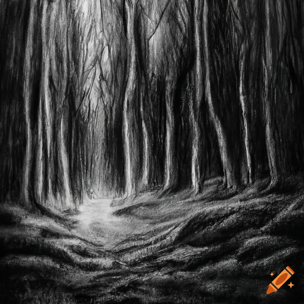 Luminous forest night landscape in charcoal drawing on Craiyon