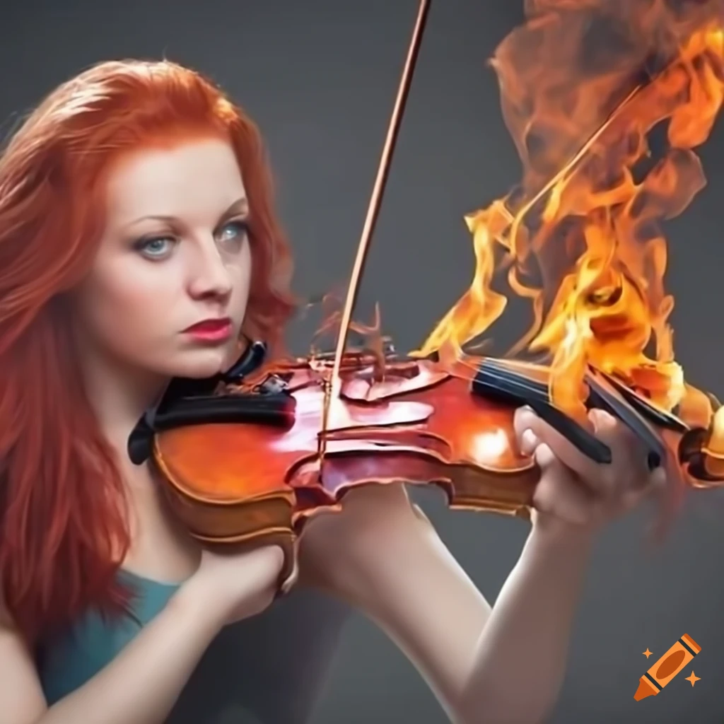 Red-haired woman playing a burning violin on Craiyon