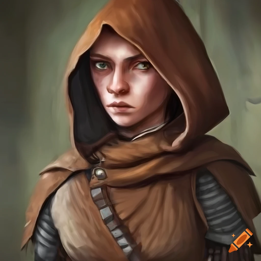 Portrait of a female rogue Halfling in leather armor sneaking in a ...