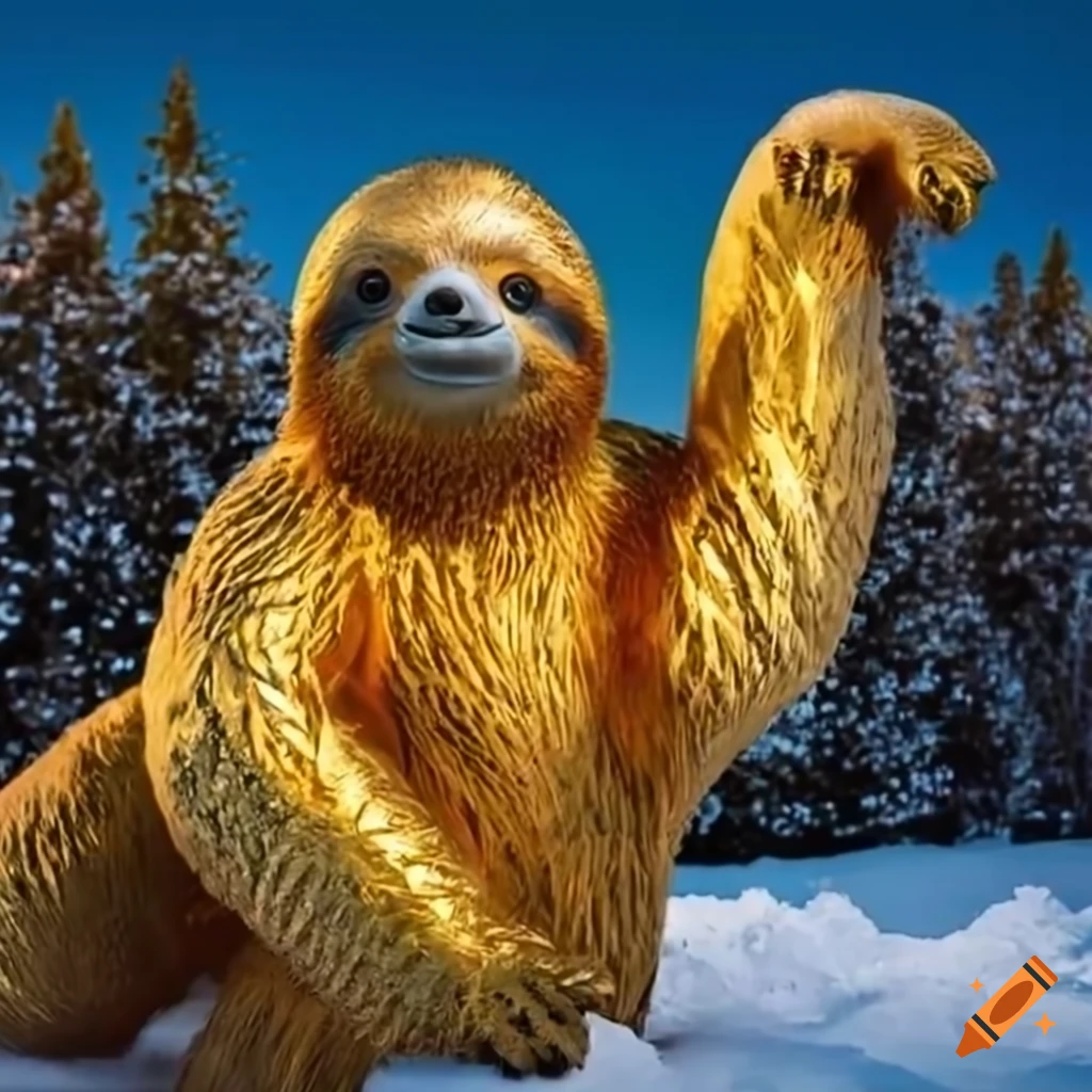 Detailed golden statue of a playful sloth in a snowball fight on Craiyon