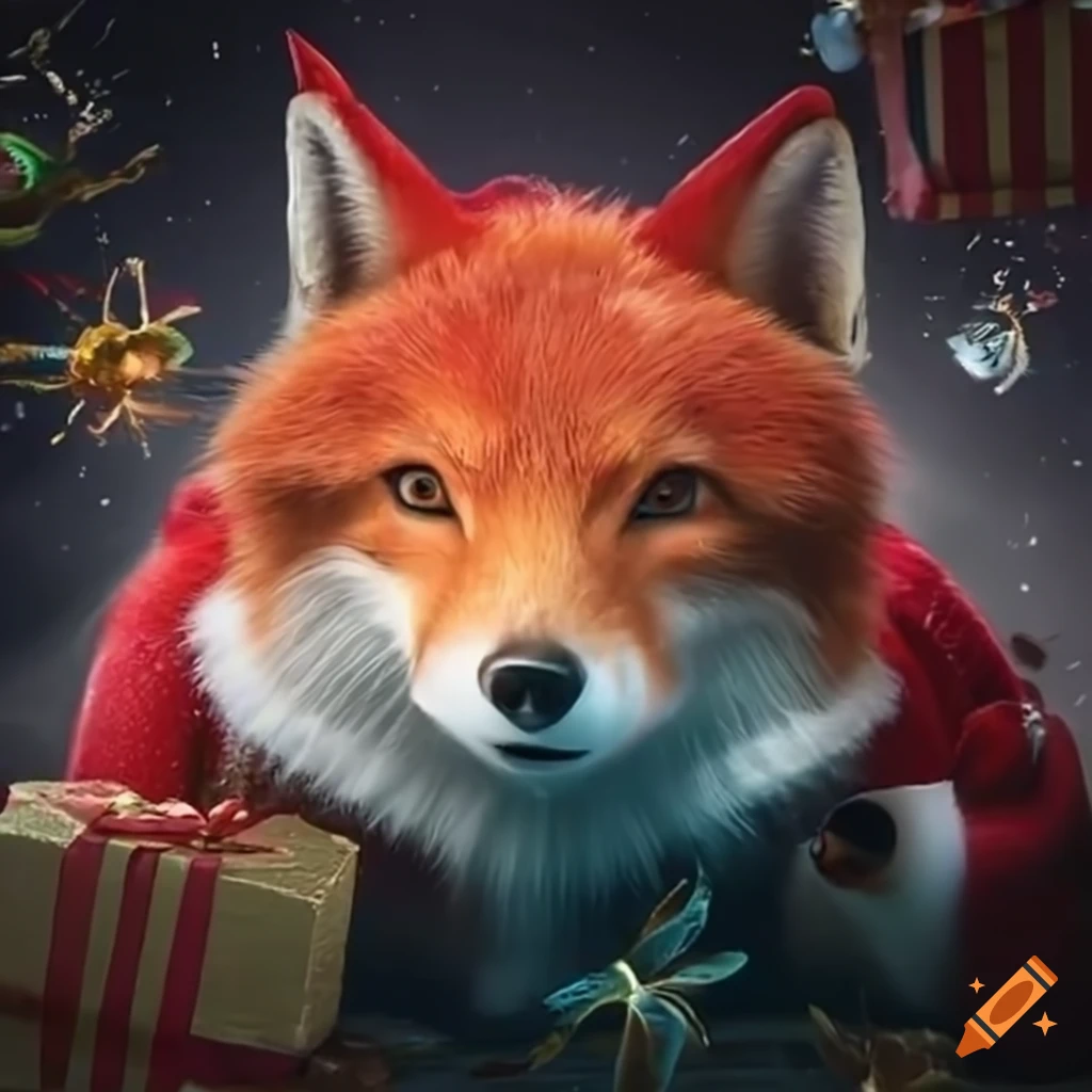 Santa fox underwater with presents and fish elves on Craiyon