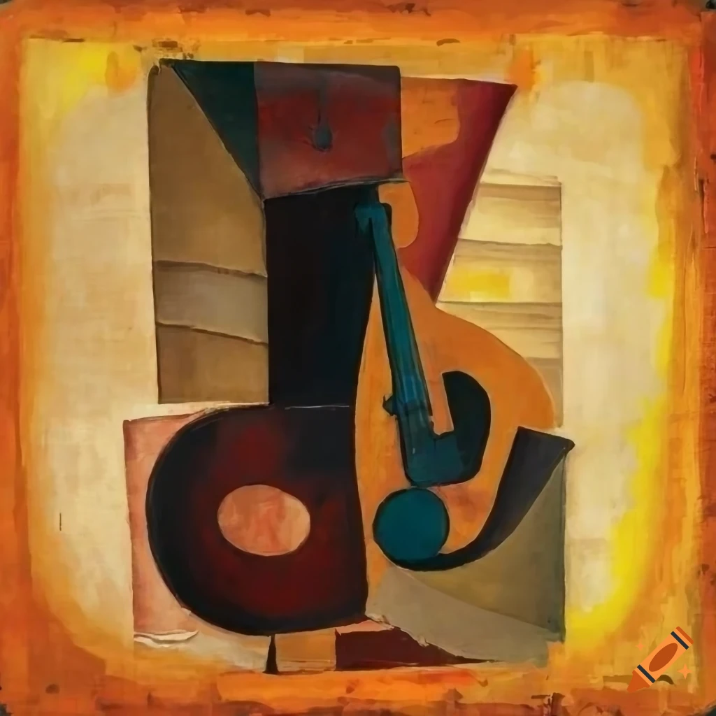 Modern still life with musical instruments and books in a cubist style ...