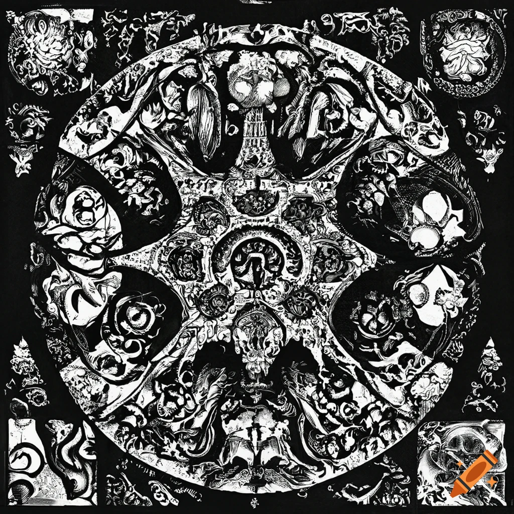 Surreal occult poster with intertwined symbols and intricate designs on ...