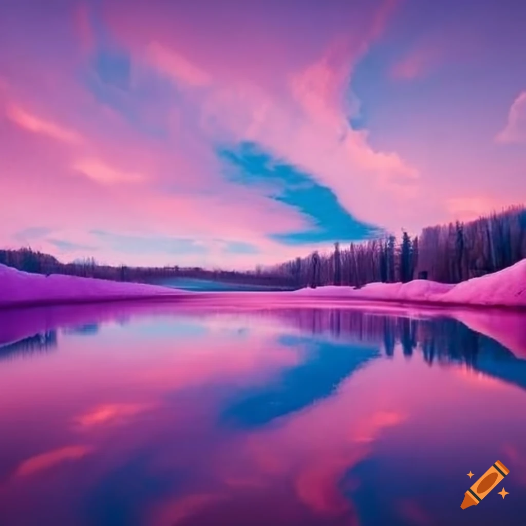 Blue and pink river flowing by a white field on Craiyon