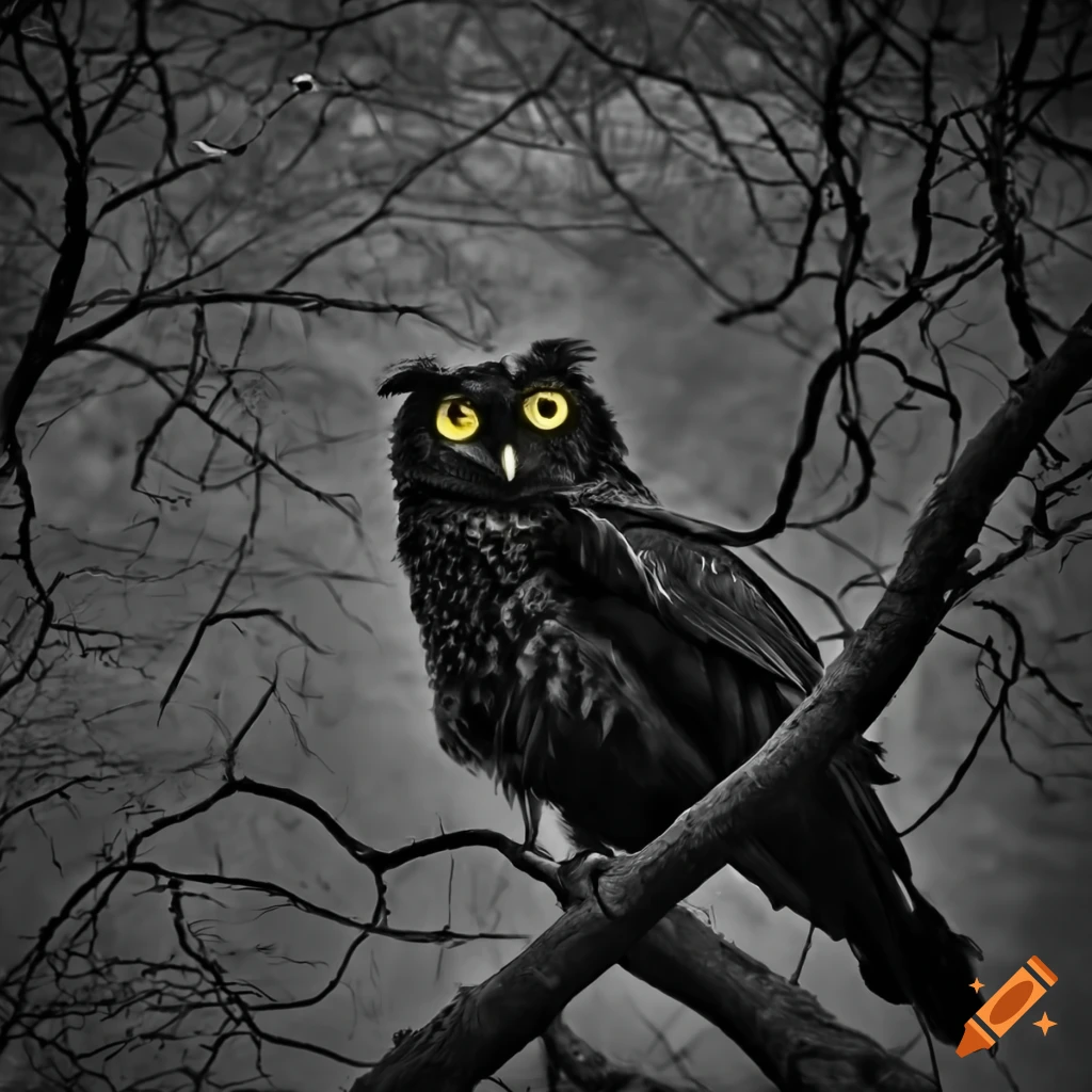 Dark black and white image of a scary owl-like creature in a tree on Craiyon