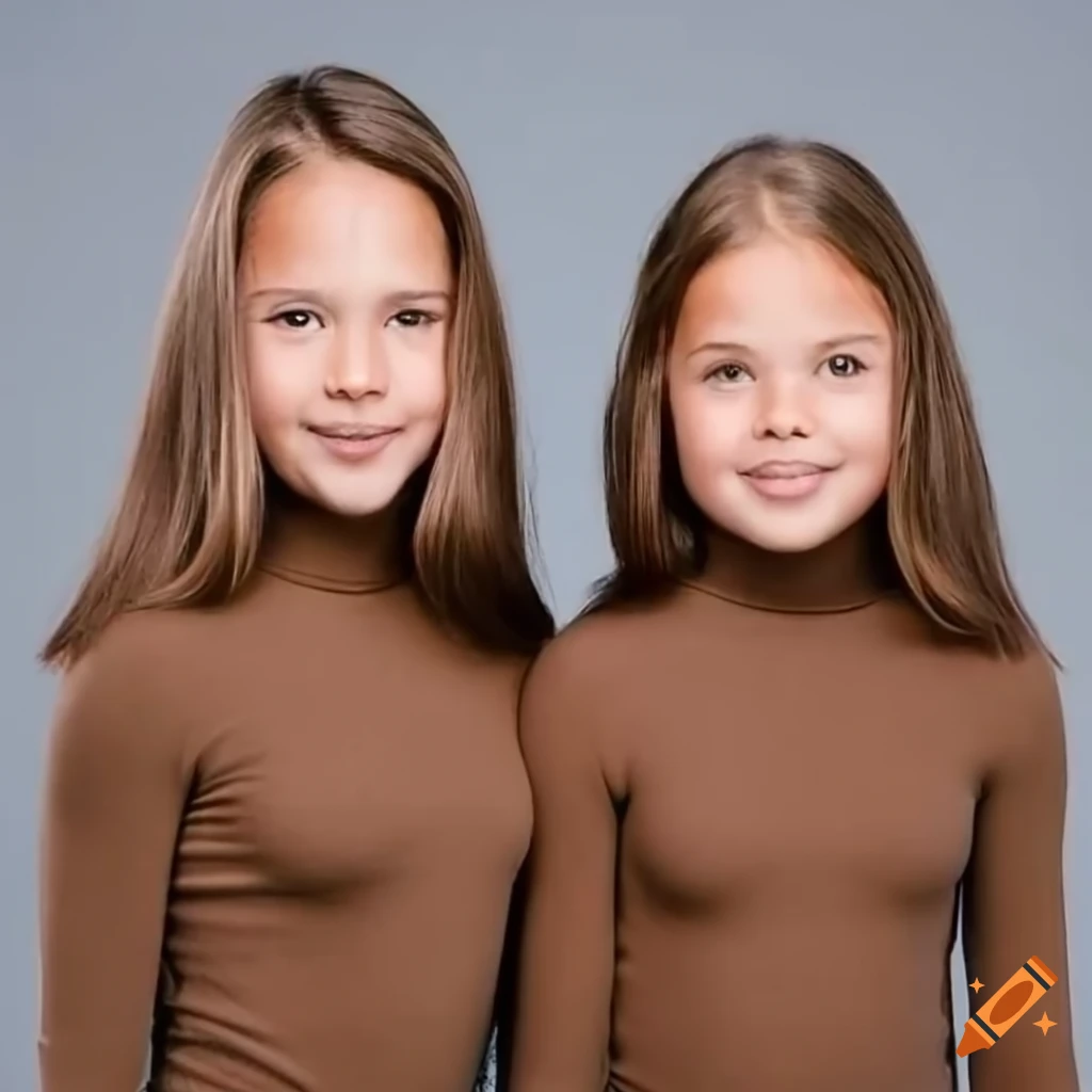 Two tween twin sisters in brown turtlenecks looking at the camera on Craiyon