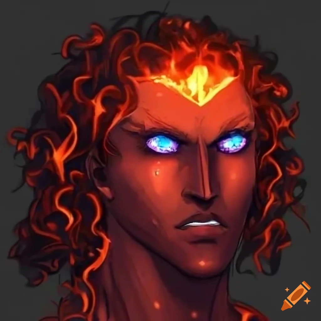 God of fire with curly wavy hair, glowing blue eyes, controlling fire ...