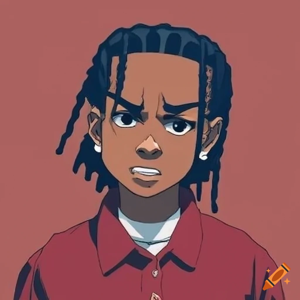 Rapper in red shirt looking left with boondocks style on Craiyon