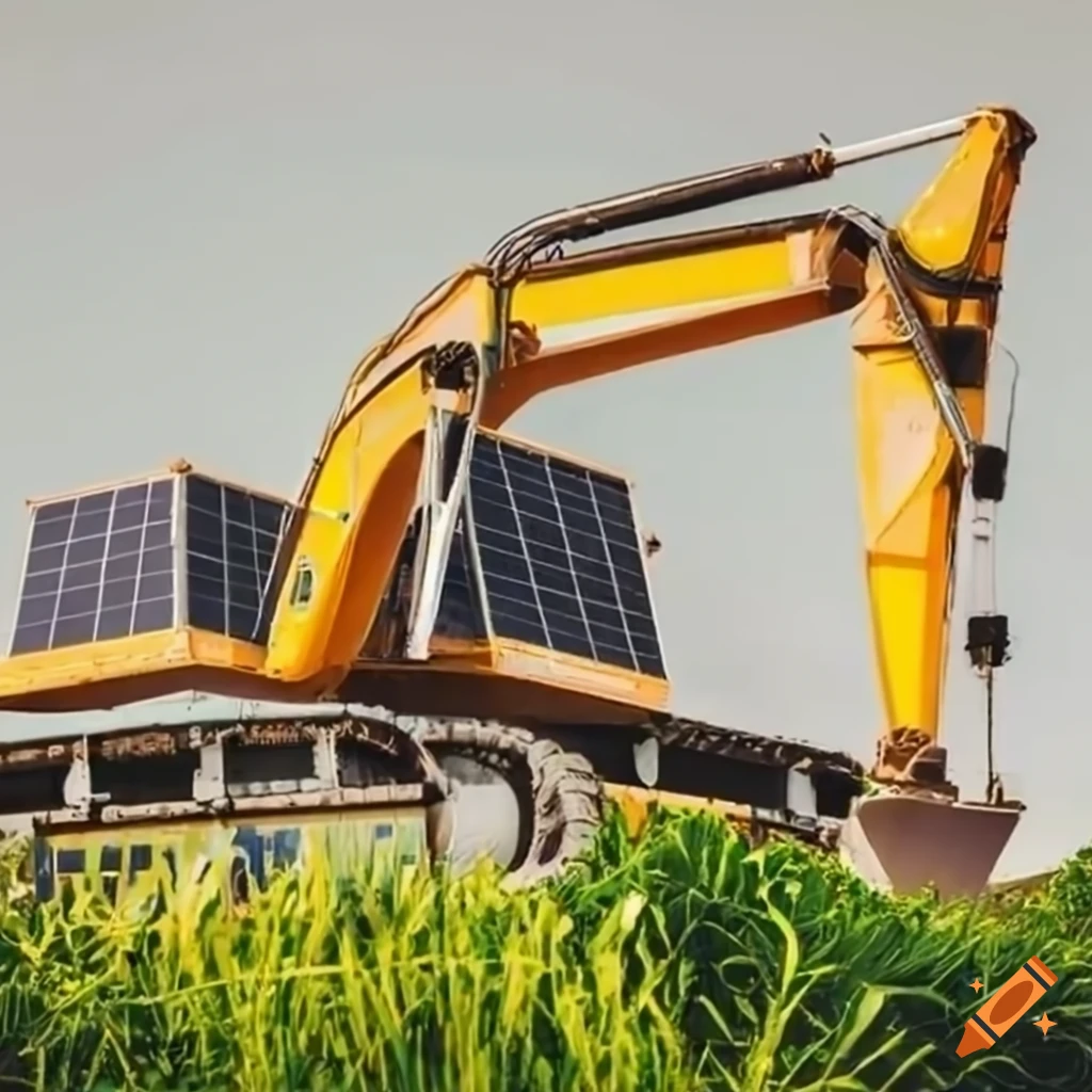 Solar-powered excavator at a modern construction site with greenery on ...