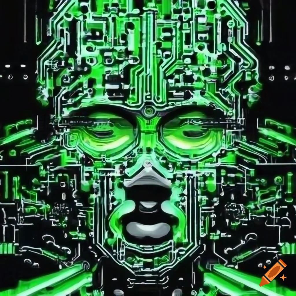 Futuristic black and white brain circuit board with muted green colors ...