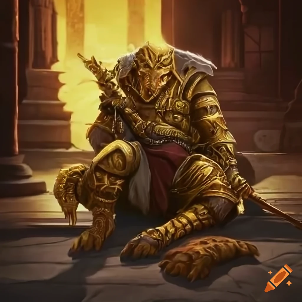 Golden injured dragonborn defeated in battle and unconscious on Craiyon