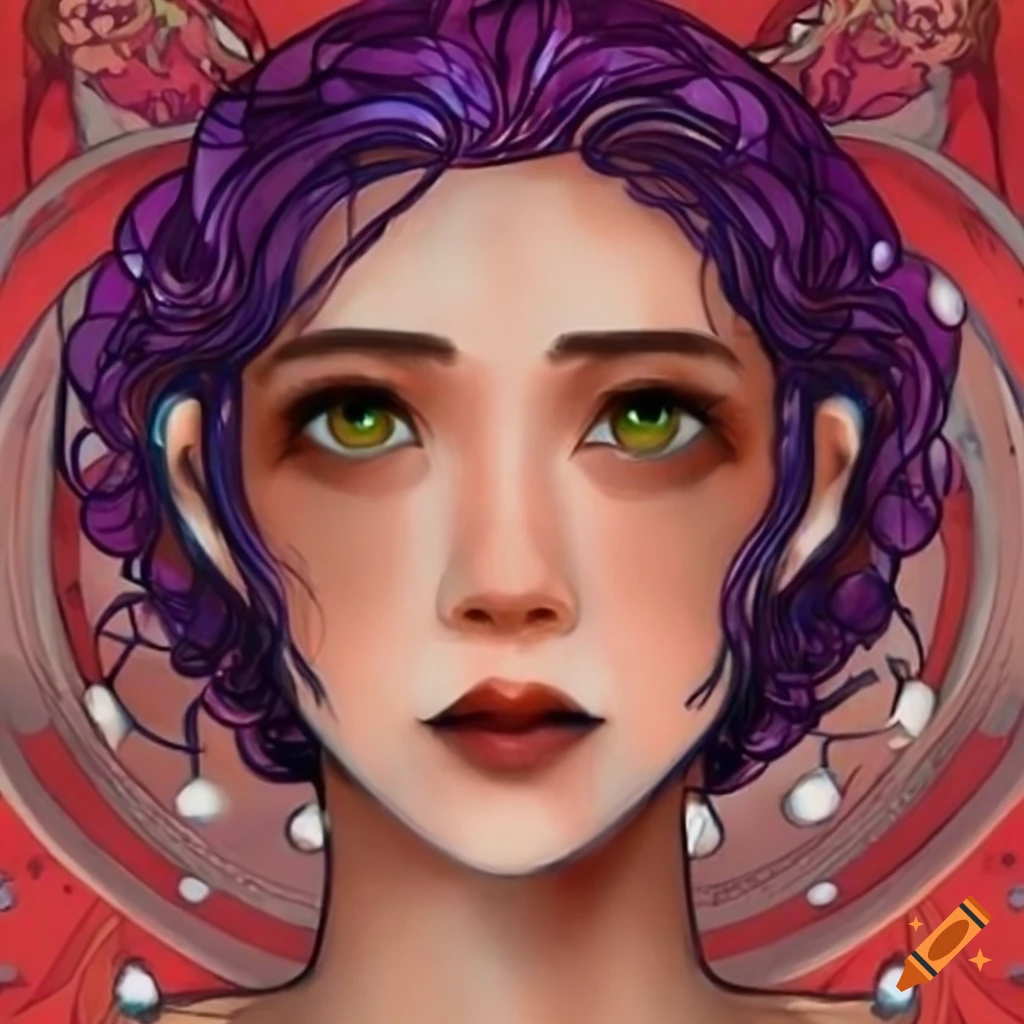 Headshot portrait of a dark young woman in the style of Mucha on Craiyon