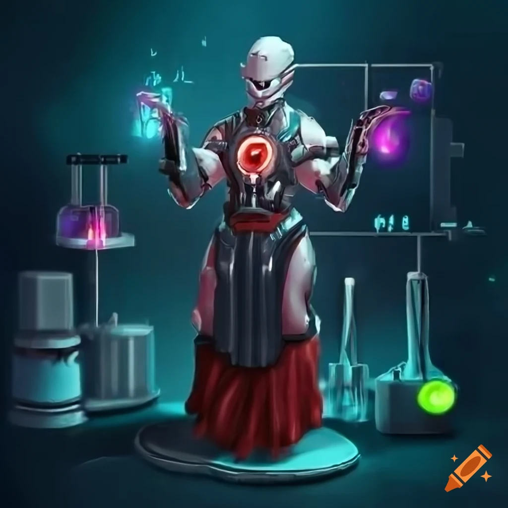 Demon cyborg priest performing magic in a sci-fi laboratory on Craiyon