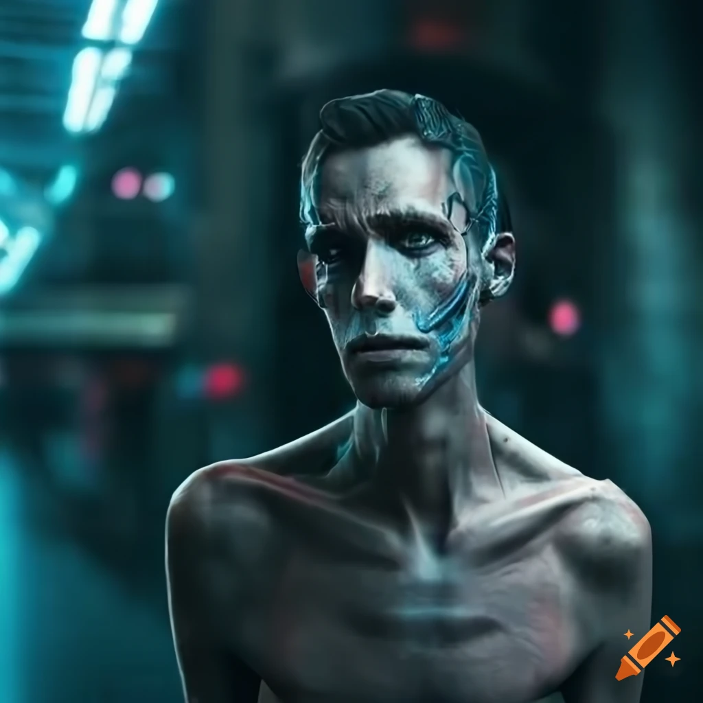 Image of a skinny male homeless cyborg under a futuristic cyberpunk ...