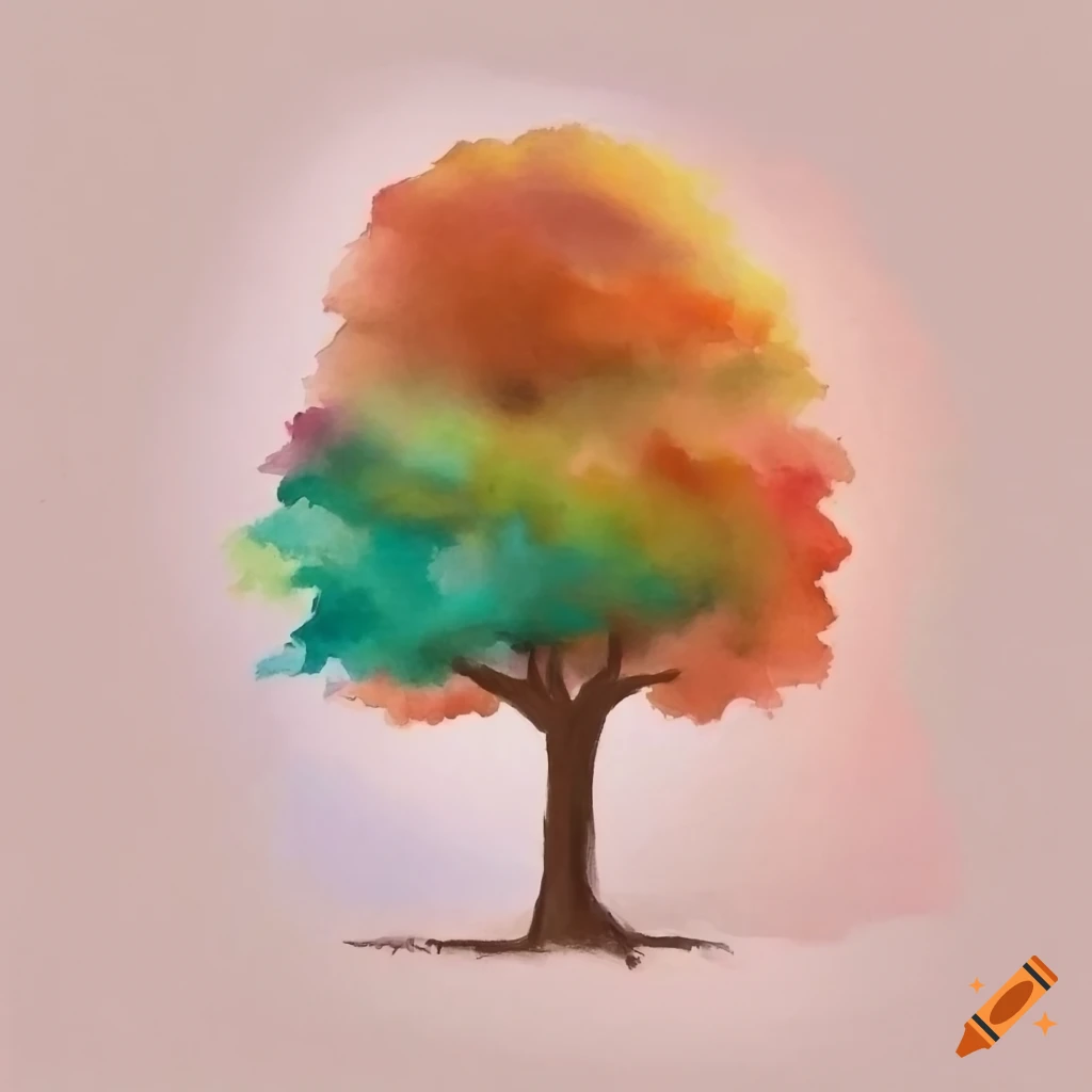 Realistic view of a colorful tree in isometric watercolor pastels on ...