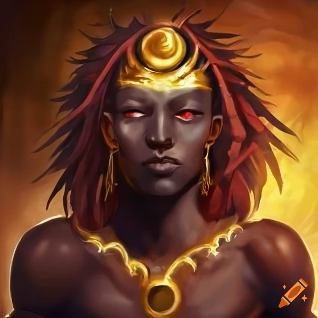 Sun god with dark skin, red eyes, long hair, holding ancient texts on ...