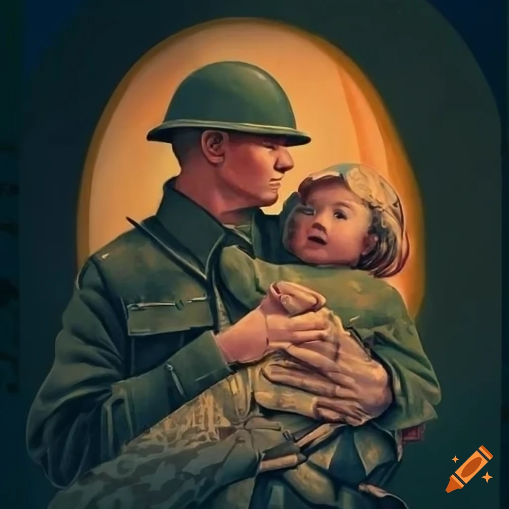 Vintage world war one poster featuring a soldier protecting family on ...