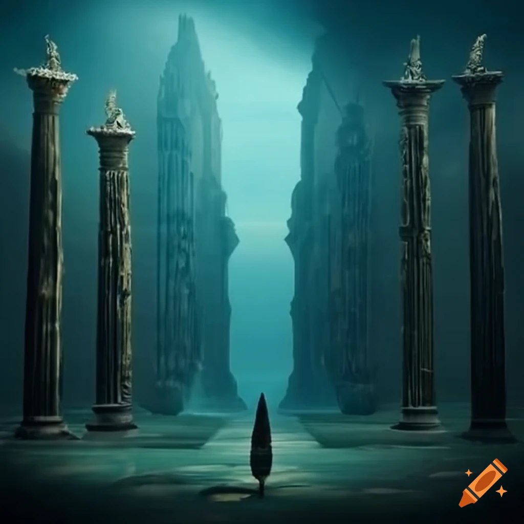 Mysterious landscape with fantastical columns against an ominous ...