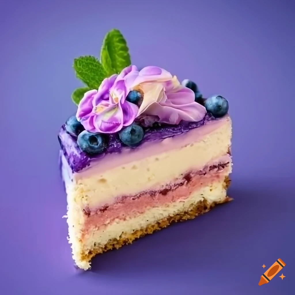 Blueberry cake slice with frosting and purple flowers on Craiyon