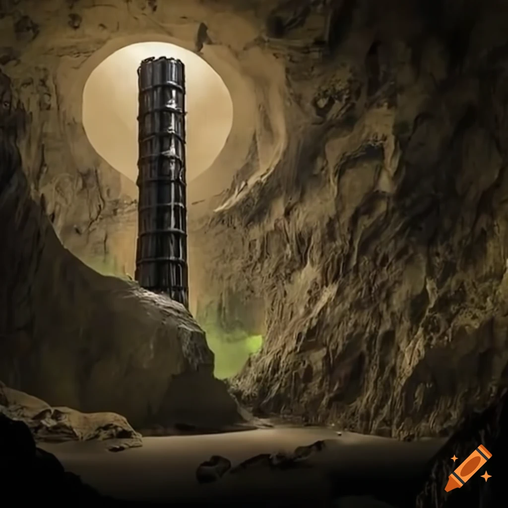 Natural cave with a metallic robotic column on Craiyon