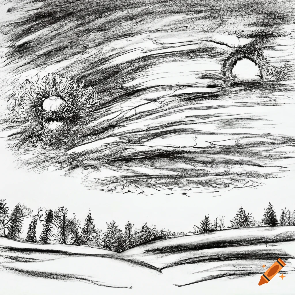 Hilly landscape with forest under a sunny sky in charcoal drawing on ...